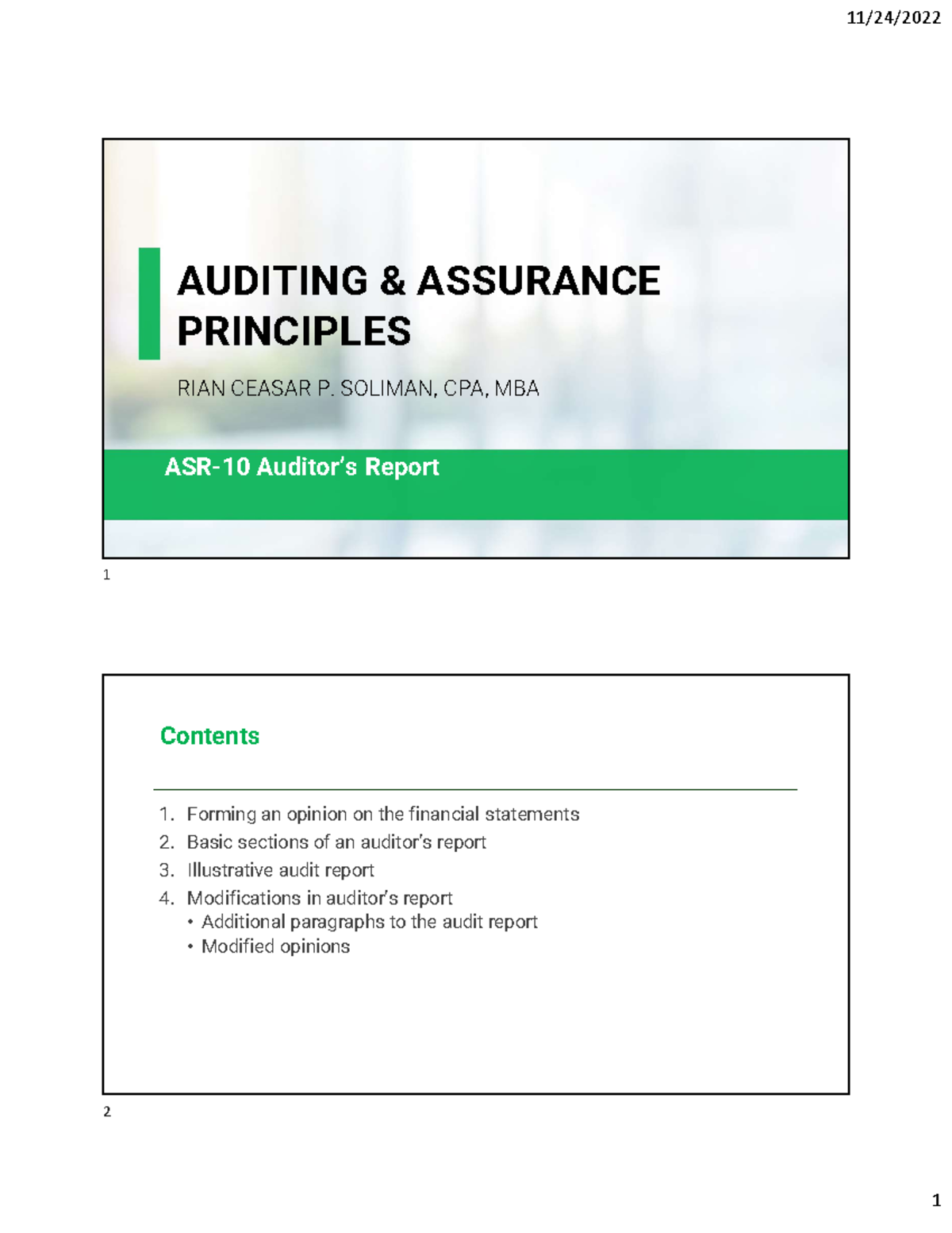 ASR10 The Auditors Report 1 - AUDITING & ASSURANCE PRINCIPLES ASR-10 ...