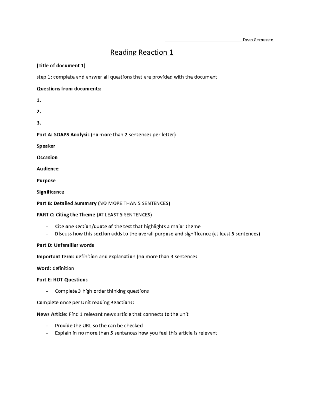 Reading reaction - asdasd - Dean Germosen Reading Reaction 1 (Title of ...