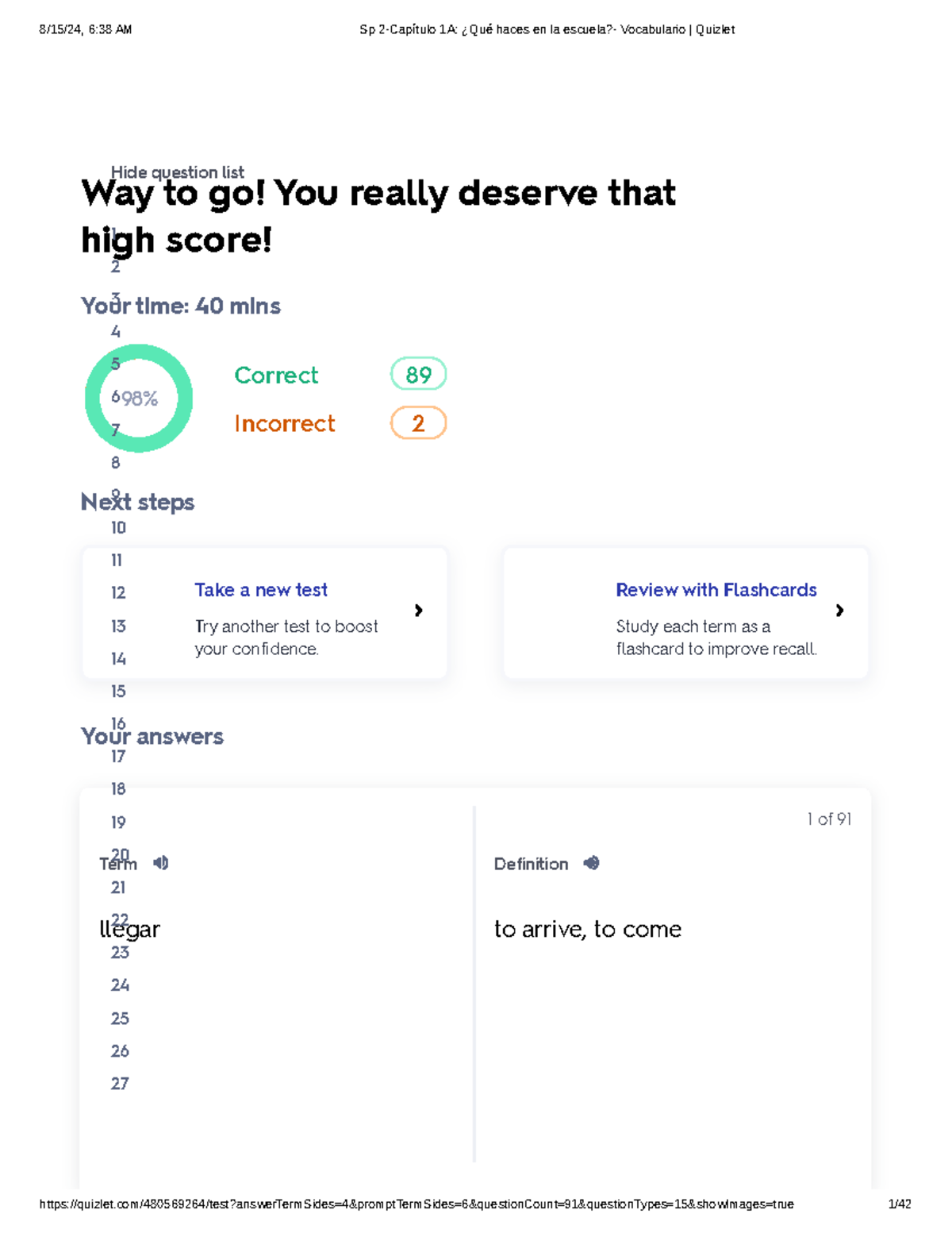 Sp 2-Capítulo 1A ¿Qué haces en la escuela - Vocabulario Quizlet - Way ...