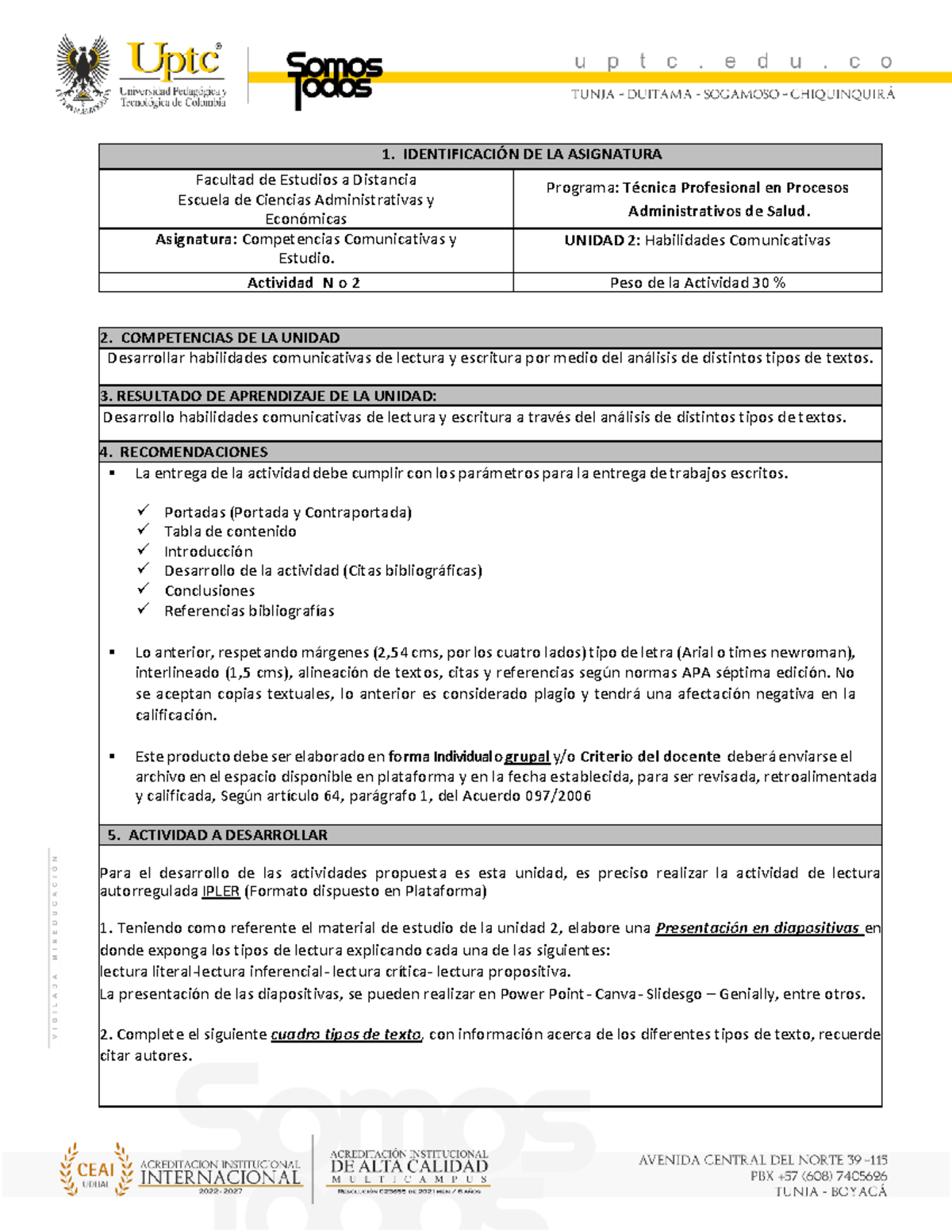 Actividad # 2 TPAS Comp. Comunicativas I-2024 - 1. IDENTIFICACIÓN DE LA ASIGNATURA Facultad de ...