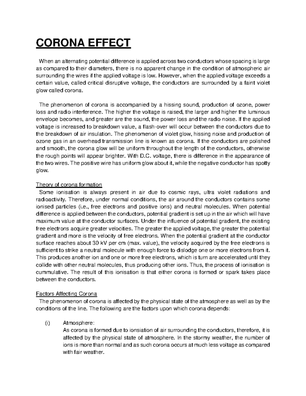 Corona effect - CORONA EFFECT When an alternating potential difference ...