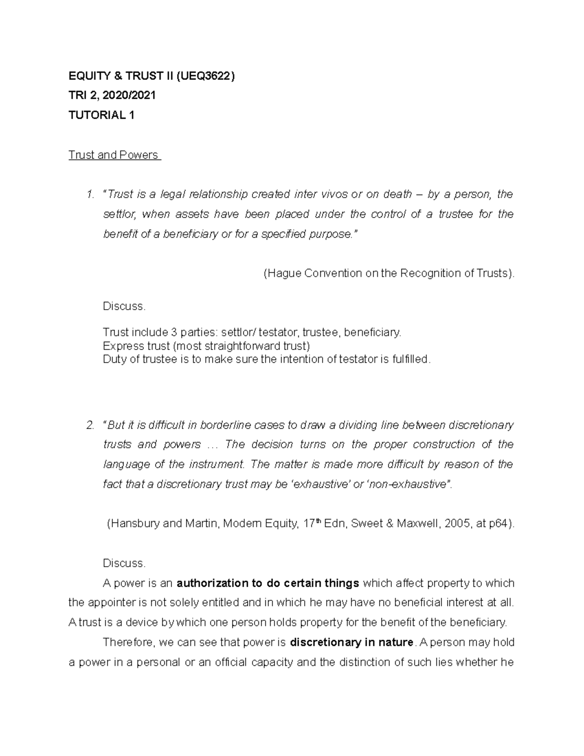 359926 Tutorial 1 - EQUITY & TRUST II (UEQ3622) TRI 2, 2020/ TUTORIAL 1 ...
