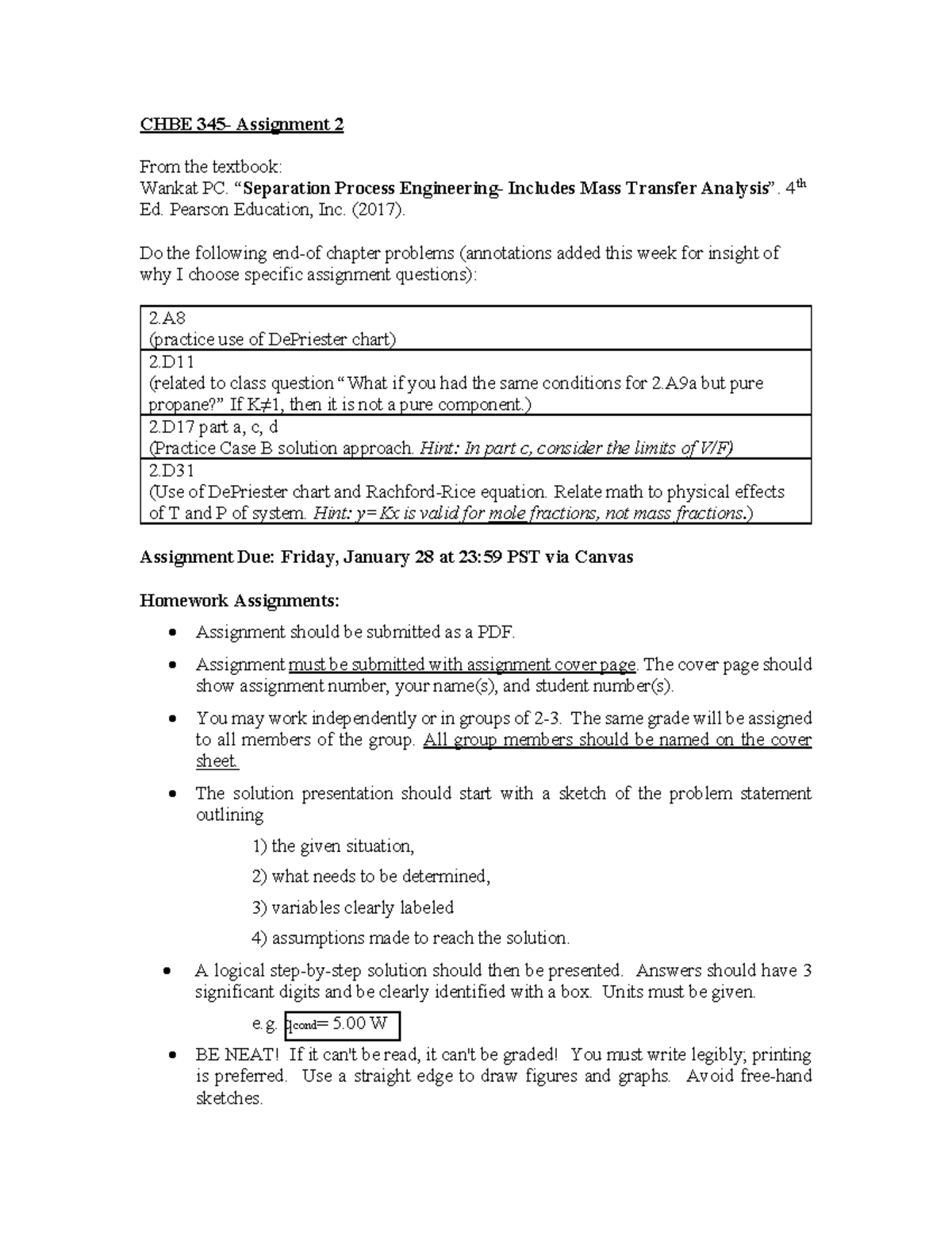 2022 01 21 Assignment 2 - CHBE 345- Assignment 2 From the textbook ...
