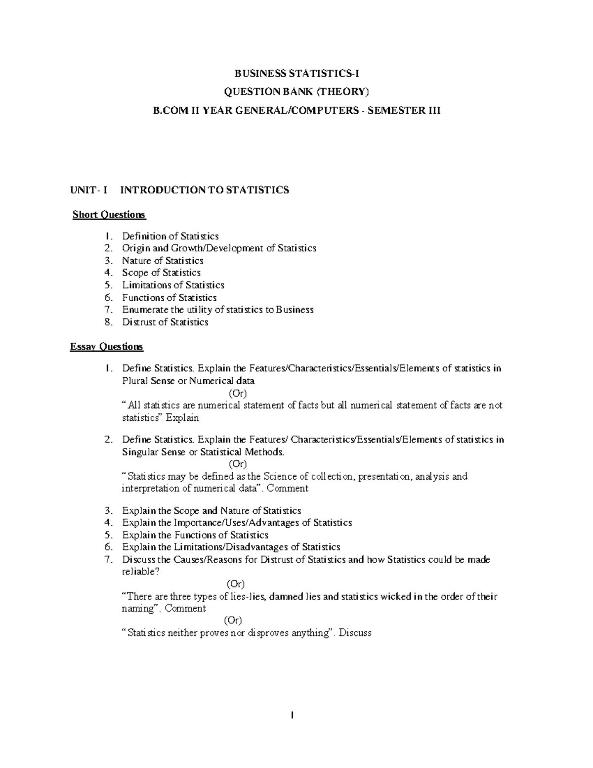 QB Business Statistics 1 - 1 BUSINESS STATISTICS-I QUESTION BANK (THEORY) B II YEAR - Studocu