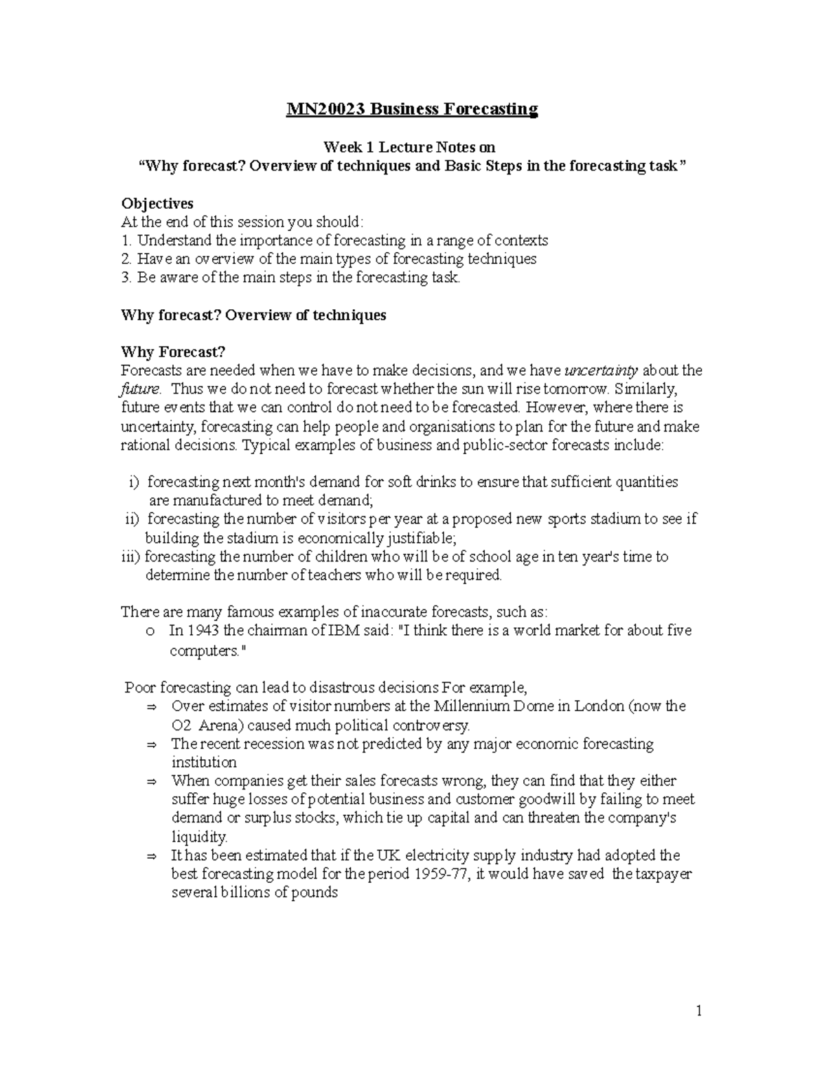 Mn2002 3 Business Forecasting Week 1 Lecture Notes Introduction To Forecasting 2022 23 04 10 22