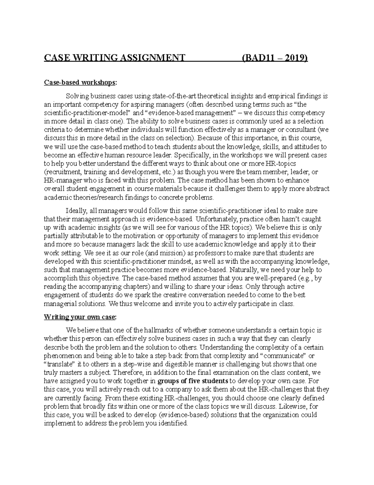 Case Assignment guidelines 2019 (added info) - CASE WRITING ASSIGNMENT ...