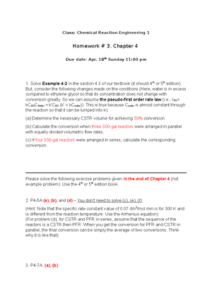 Chemical Reaction Engineering Homework #5 questions - Class: Chemical ...