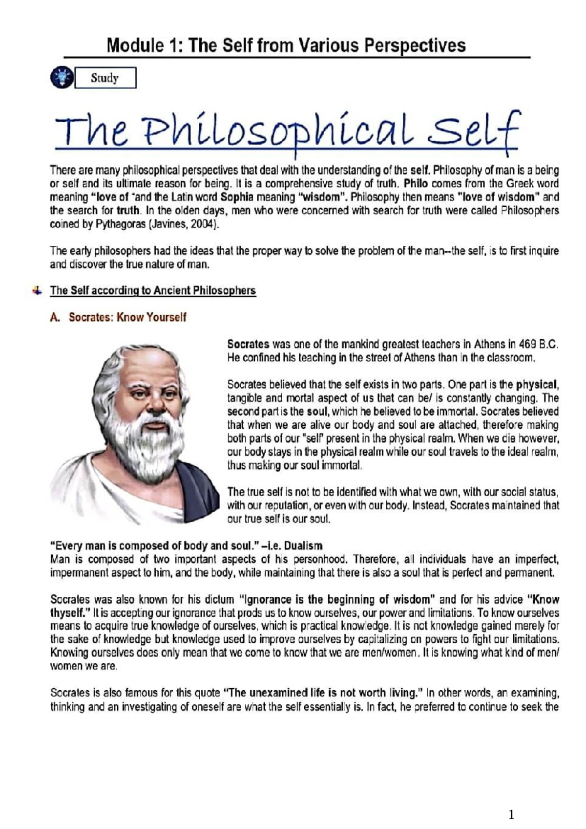 Philosophical Perspectives of the Self - Module 1: The Self from Various Perspectives Study The ...