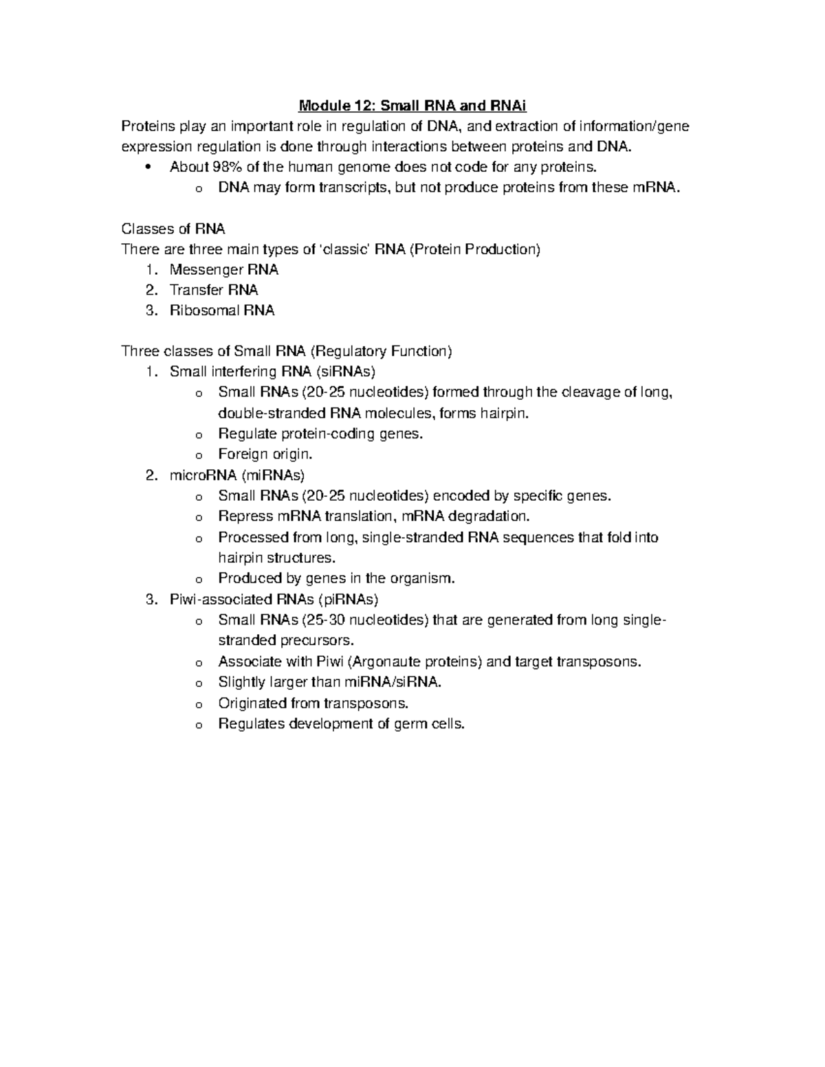 Small RNA Review - Module 12: Small RNA and RNAi Proteins play an ...