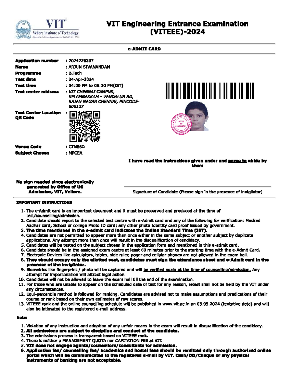 Arjun - asdf - VII VIT VIT Engineering Entrance Examination Vellore ...