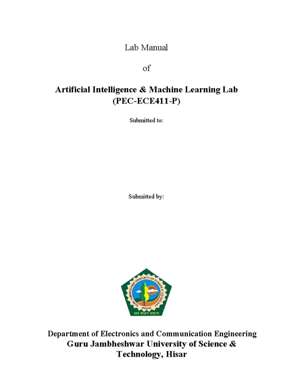 AI & ML Lab Manual - Lab Manual of Artificial Intelligence & Machine Learning Lab (PEC-ECE411-P ...