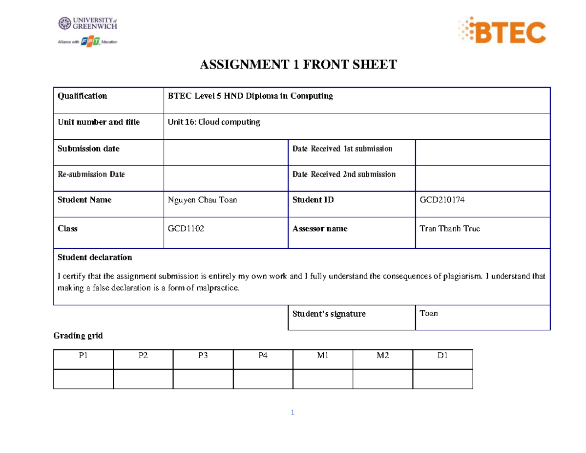 Assignment 1 - 1644 - please - ASSIGNMENT 1 FRONT SHEET Qualification BTEC Level 5 HND Diploma ...