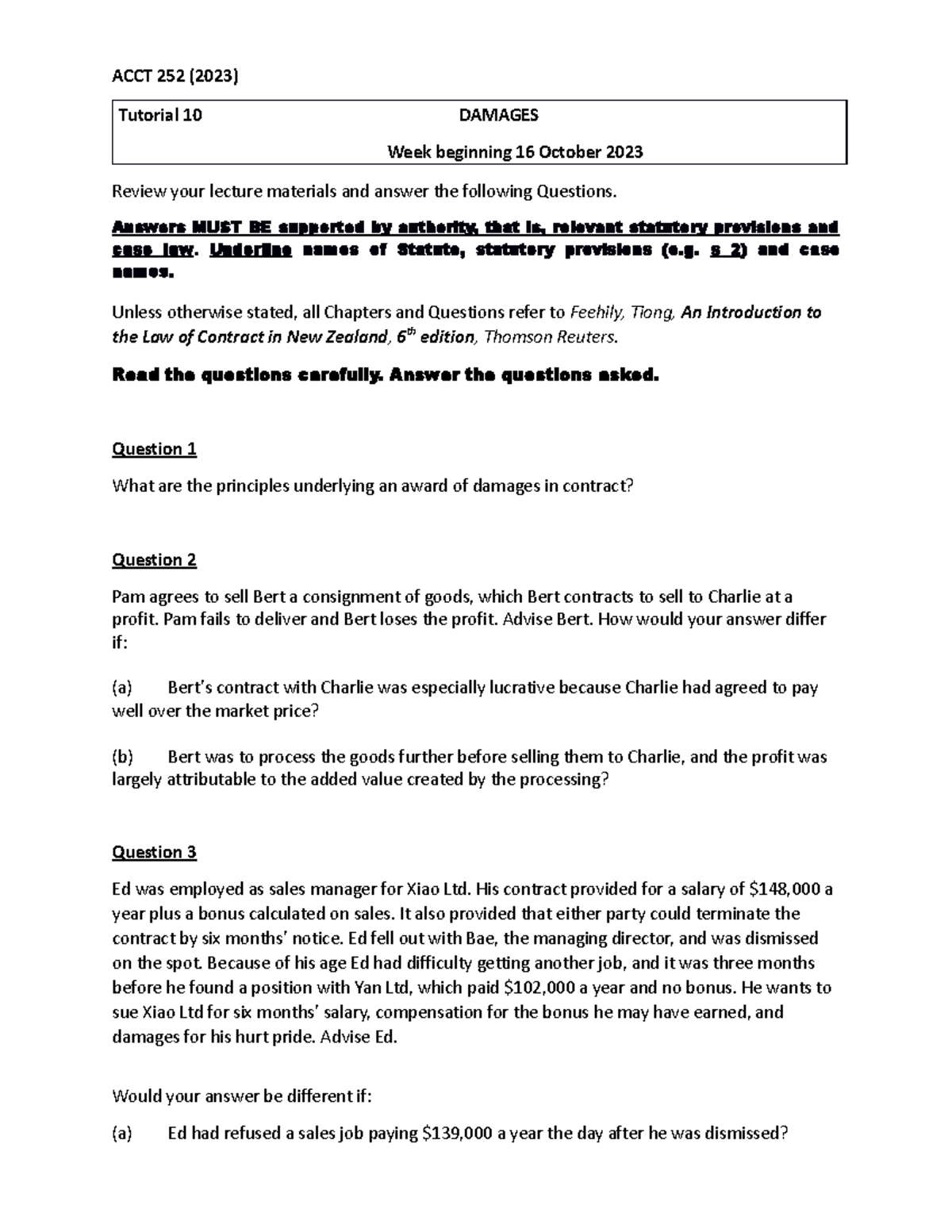 1 Tutorial 10 Qs (2023) on Learn - ACCT 252 (2023) Tutorial 10 DAMAGES Week beginning 16 October ...
