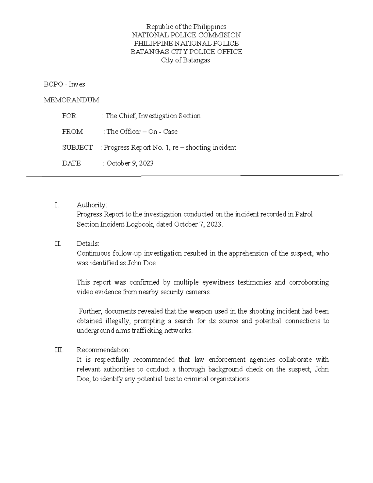Memorandum - Progress Report - Republic of the Philippines NATIONAL ...