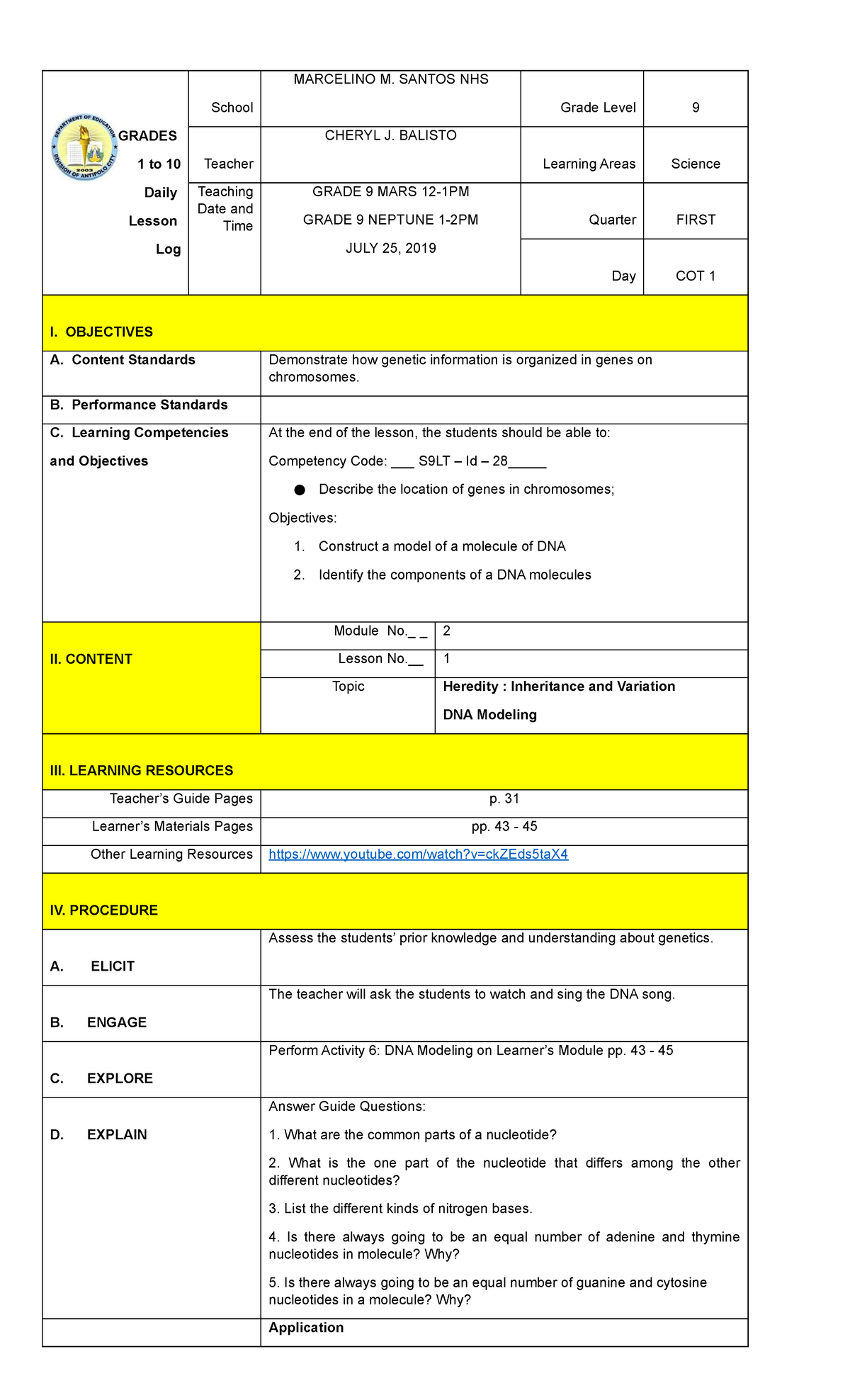 Science 9 heredity cot 1 - GRADES 1 to 10 Daily Lesson Log School ...