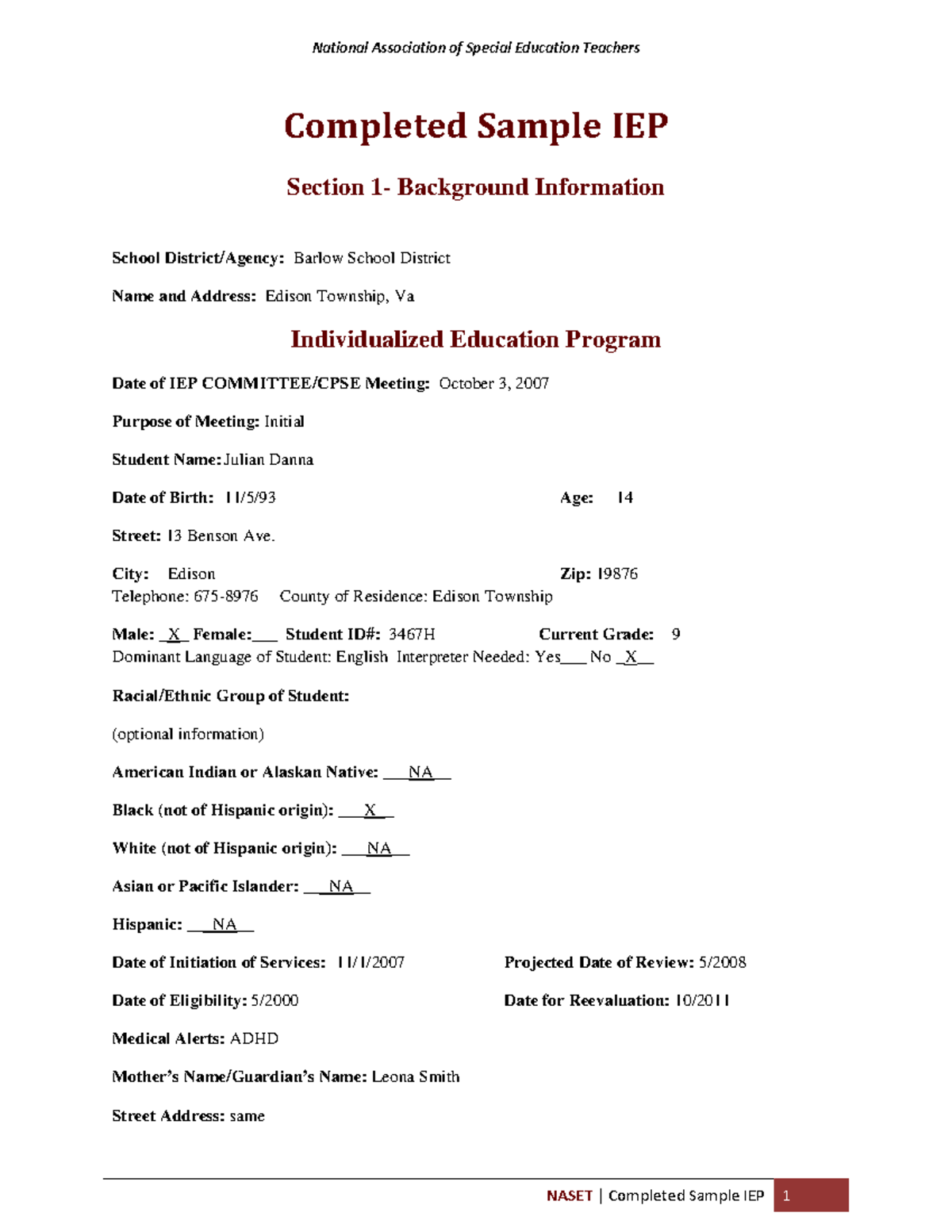 Completed Sample IEP-1-1 - Completed Sample IEP Section 1- Background ...