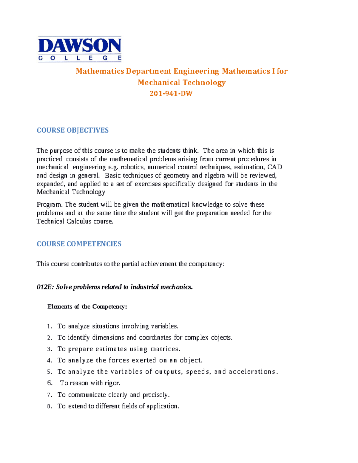 201-941-DW Course Outline - Mathematics Department Engineering ...