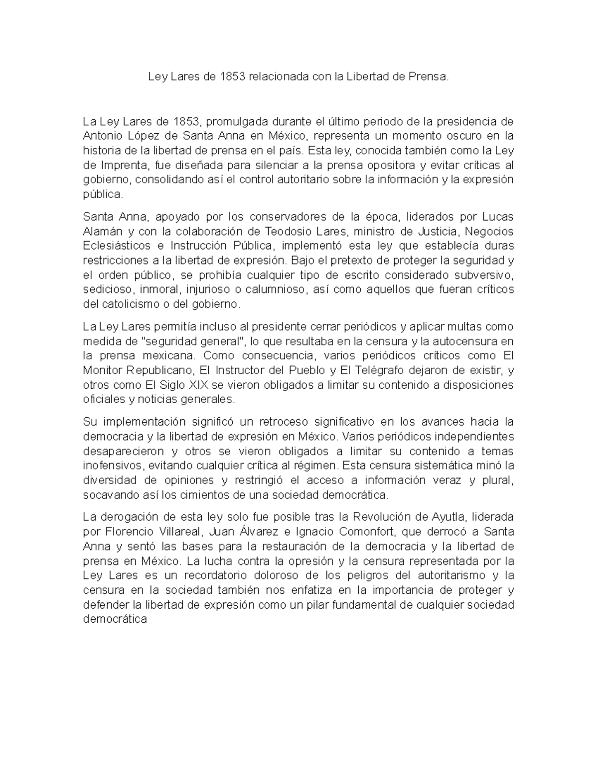 Ley Lares de 1853 - Ley Lares de 1853 relacionada con la Libertad de Prensa. La Ley Lares de ...