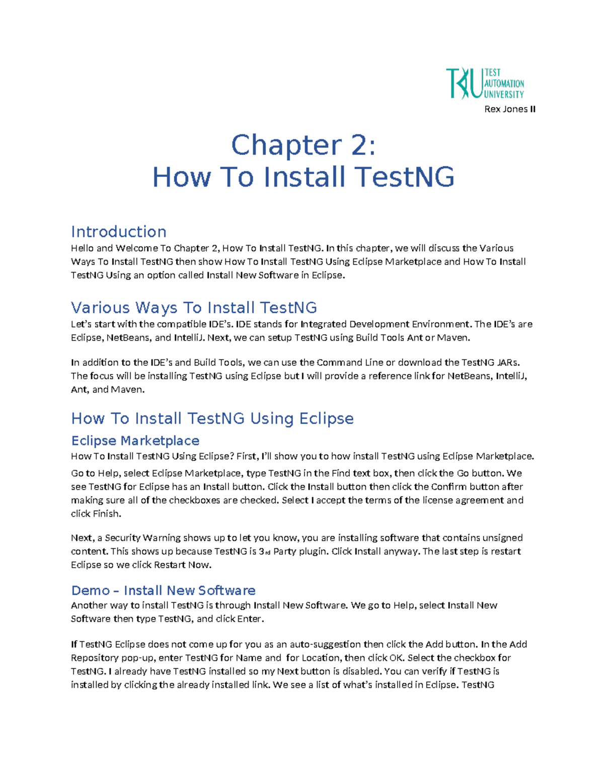 (Transcript) Chapter 2 How To Install Test NG 0 - Rex Jones II Chapter ...