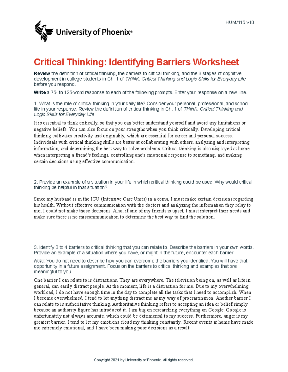 Critical thinking in everyday life-week 1 - HUM/115 v Critical Thinking ...