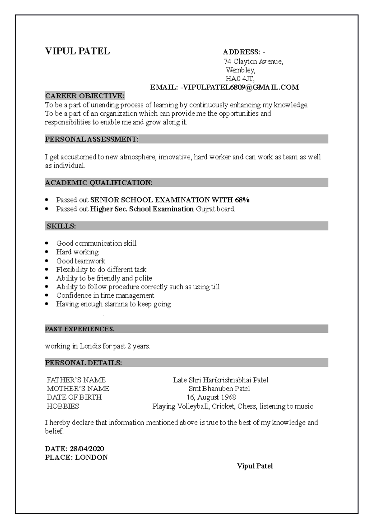 Vipul Patel Address - I have attached - VIPUL PATEL ADDRESS: - 74 ...