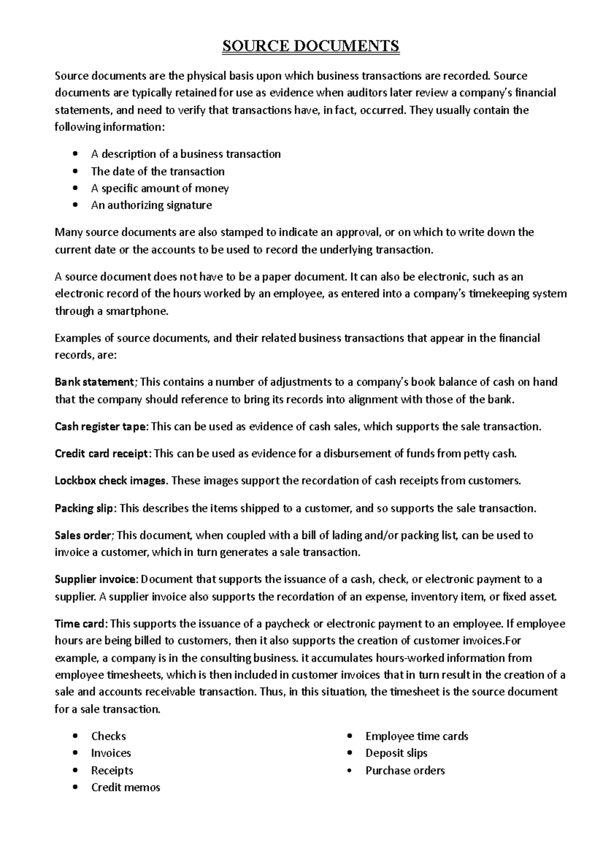 Source Documents of transactions/Activities - SOURCE DOCUMENTS Source ...