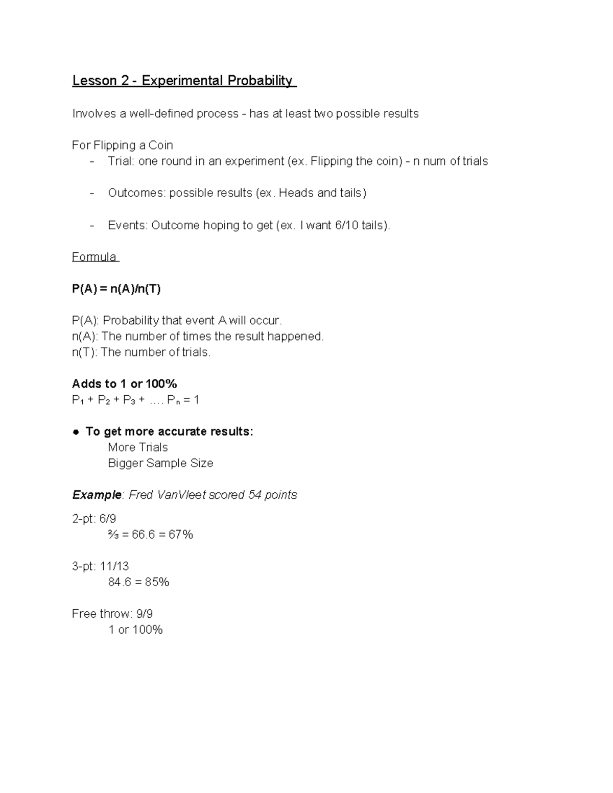 Unit 1 Lecture 2 - Experimental Probability - Lesson 2 - Experimental ...