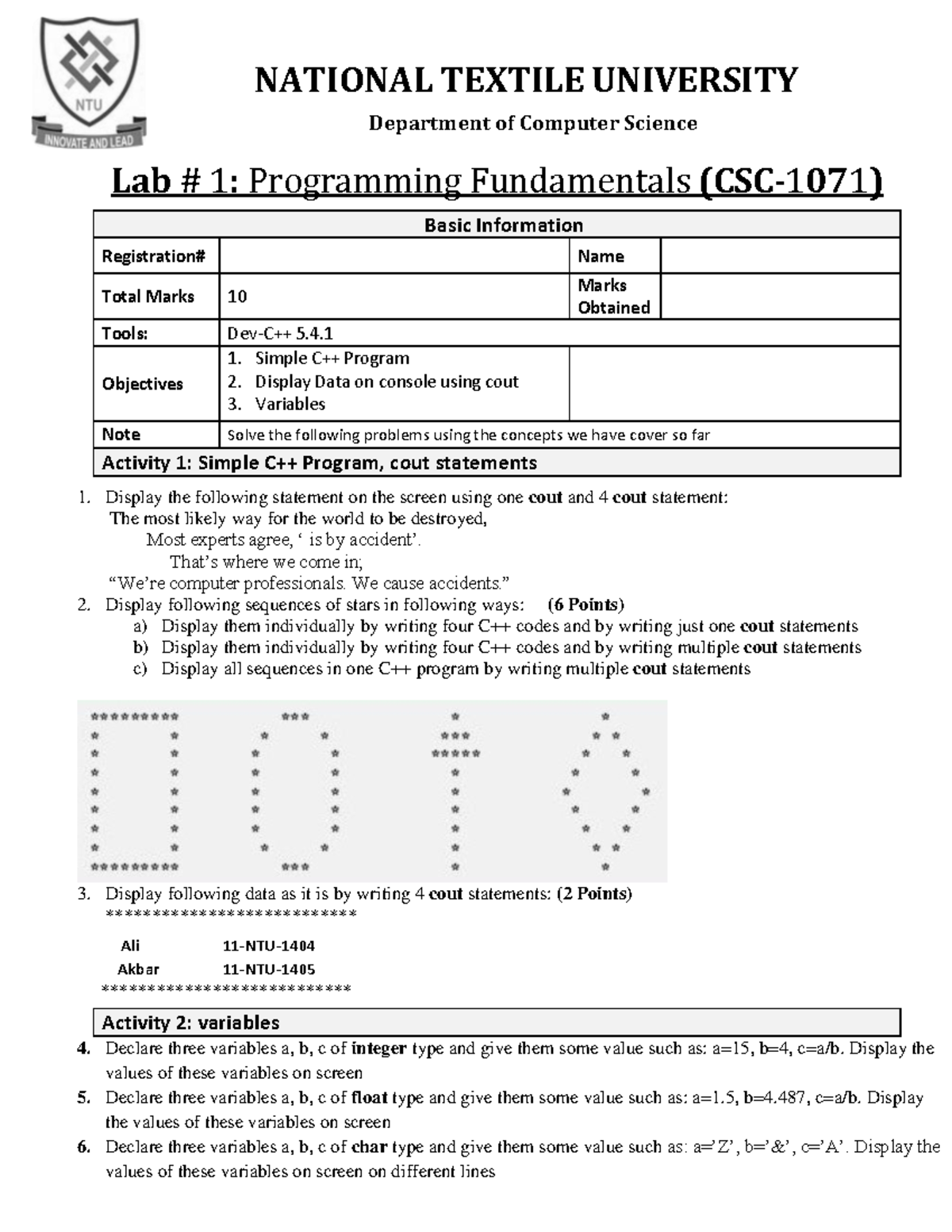 Lab1 Simple Output Lab Activate Of C National Textile University Department Of Computer