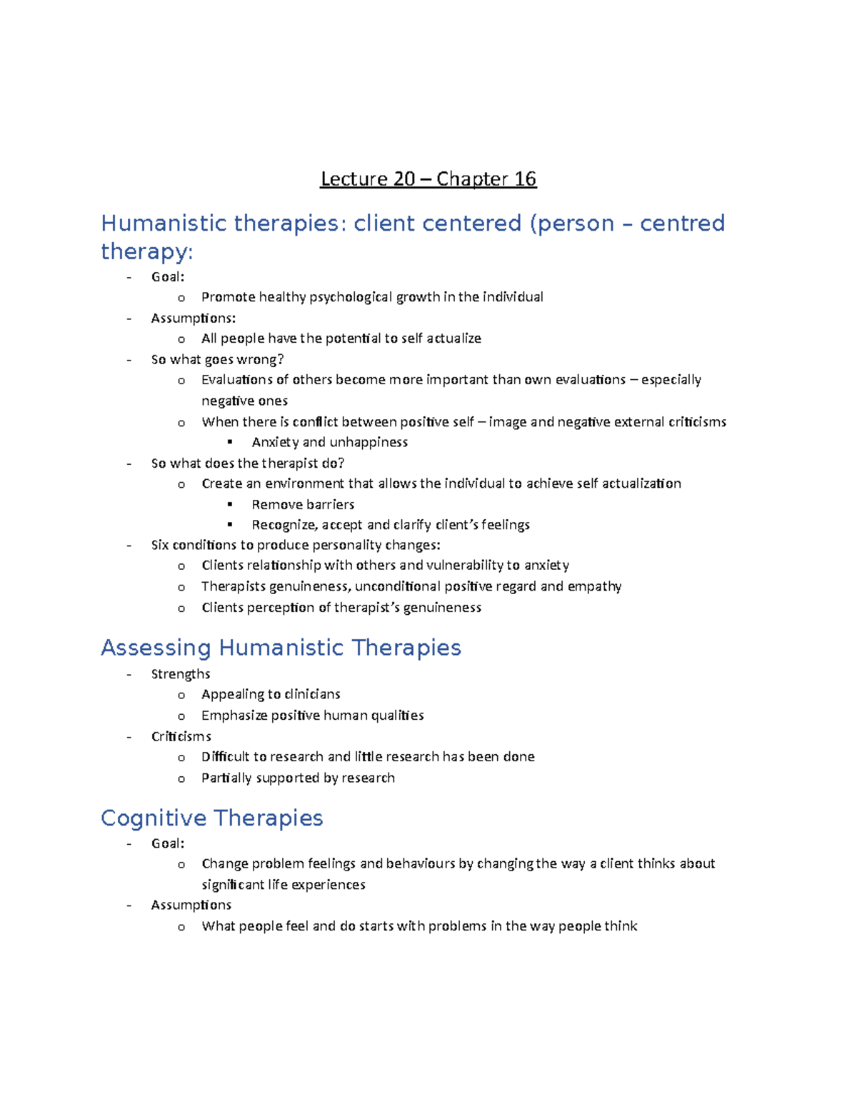 Lecture 20 - Chapter 16 - Lecture 20 – Chapter 16 Humanistic therapies ...