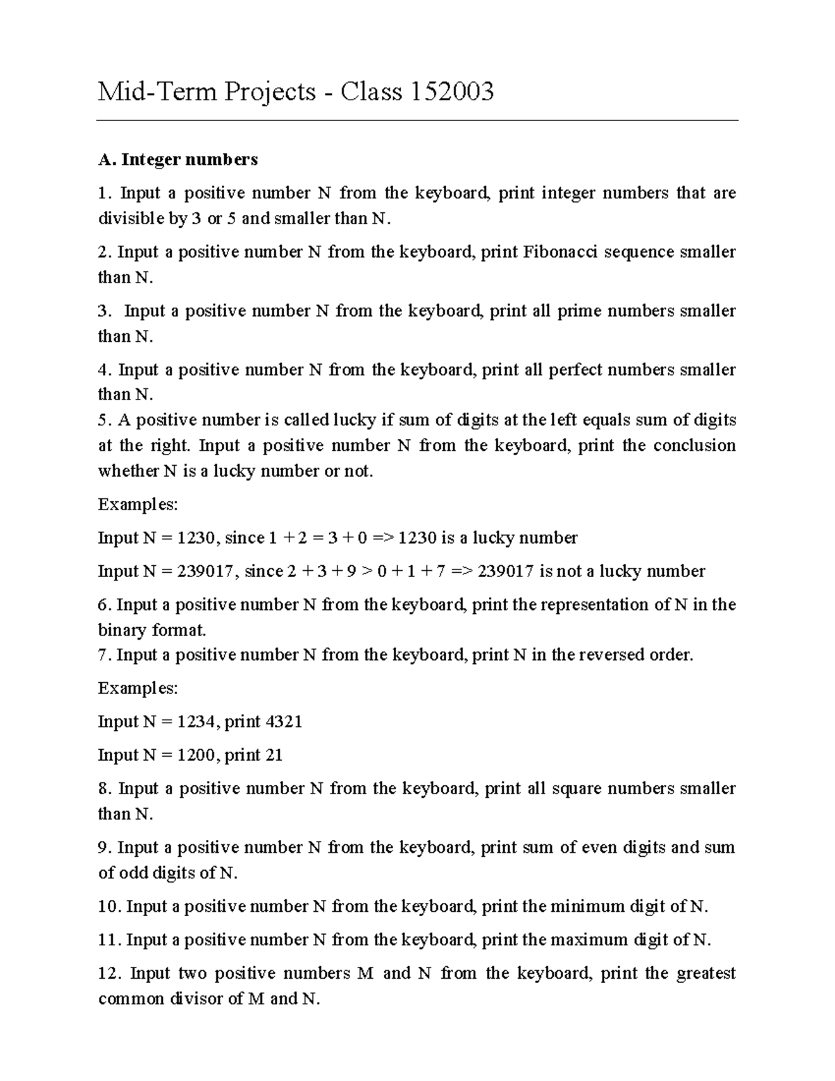 Mini Projects 20241 Mid Term Projects Class 152003 A Integer Numbers Input A Positive