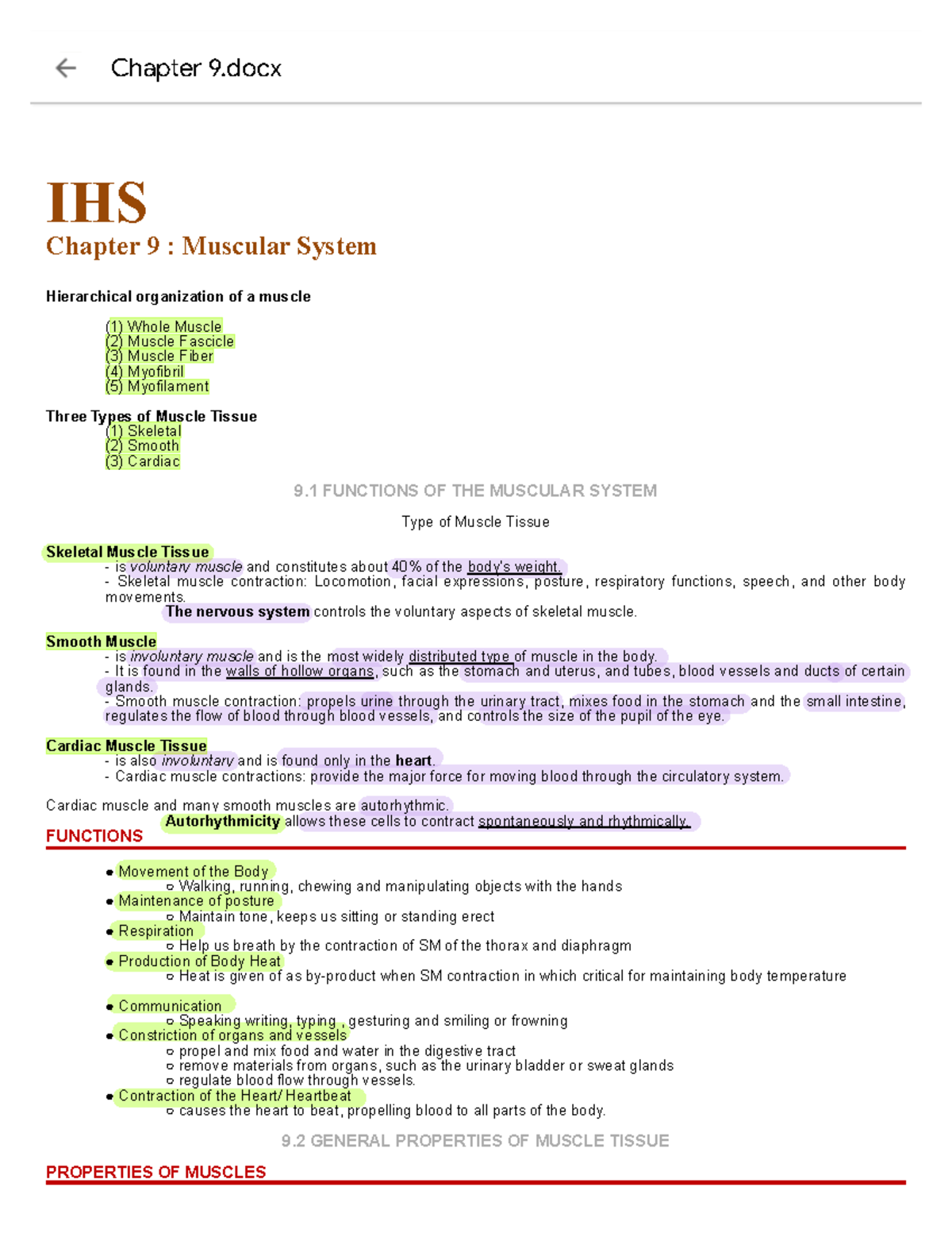Chapter 9 - IHS Chapter 9 : Muscular System Hierarchical organization ...