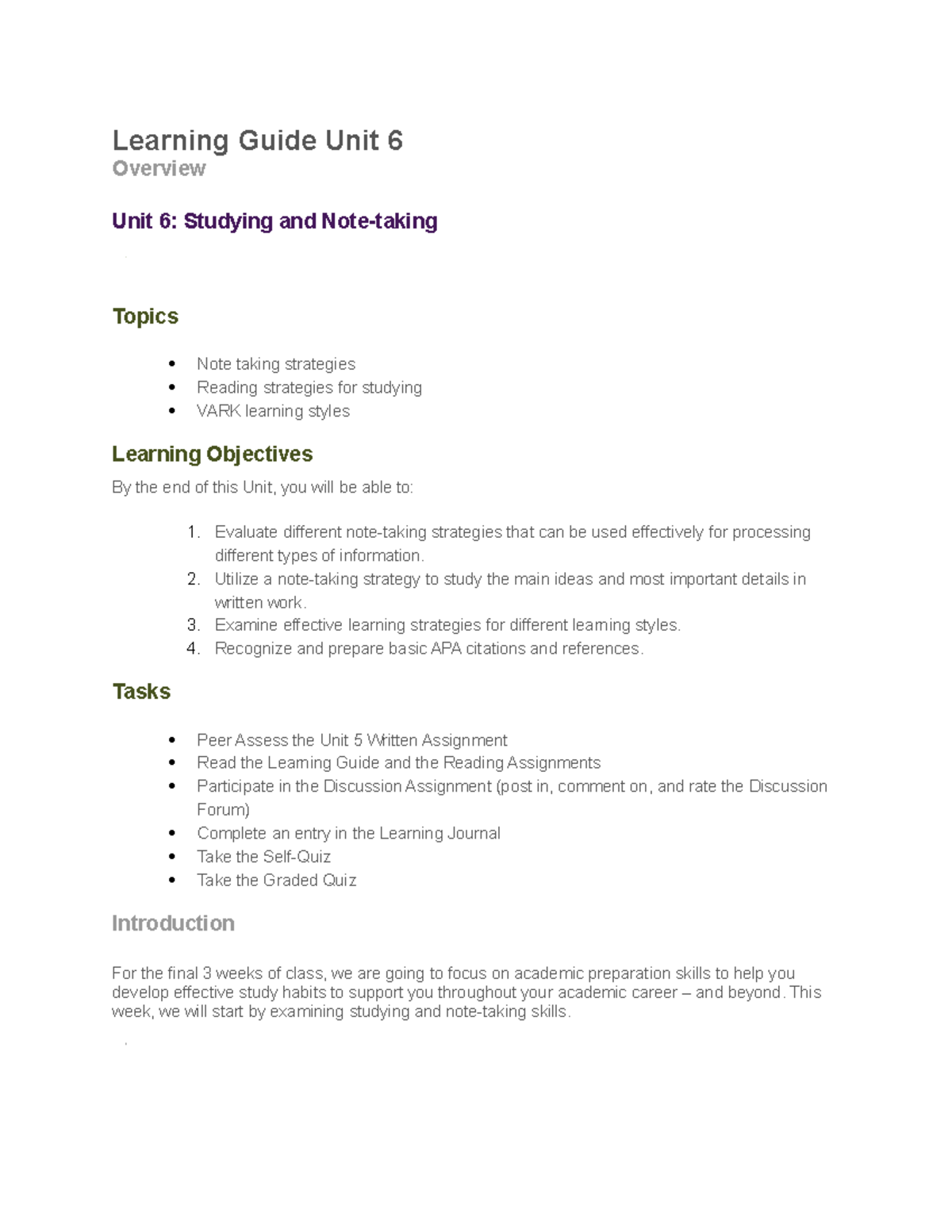 Learning Guide Unit 6 - Utilize a note-taking strategy to study the main ideas and most ...