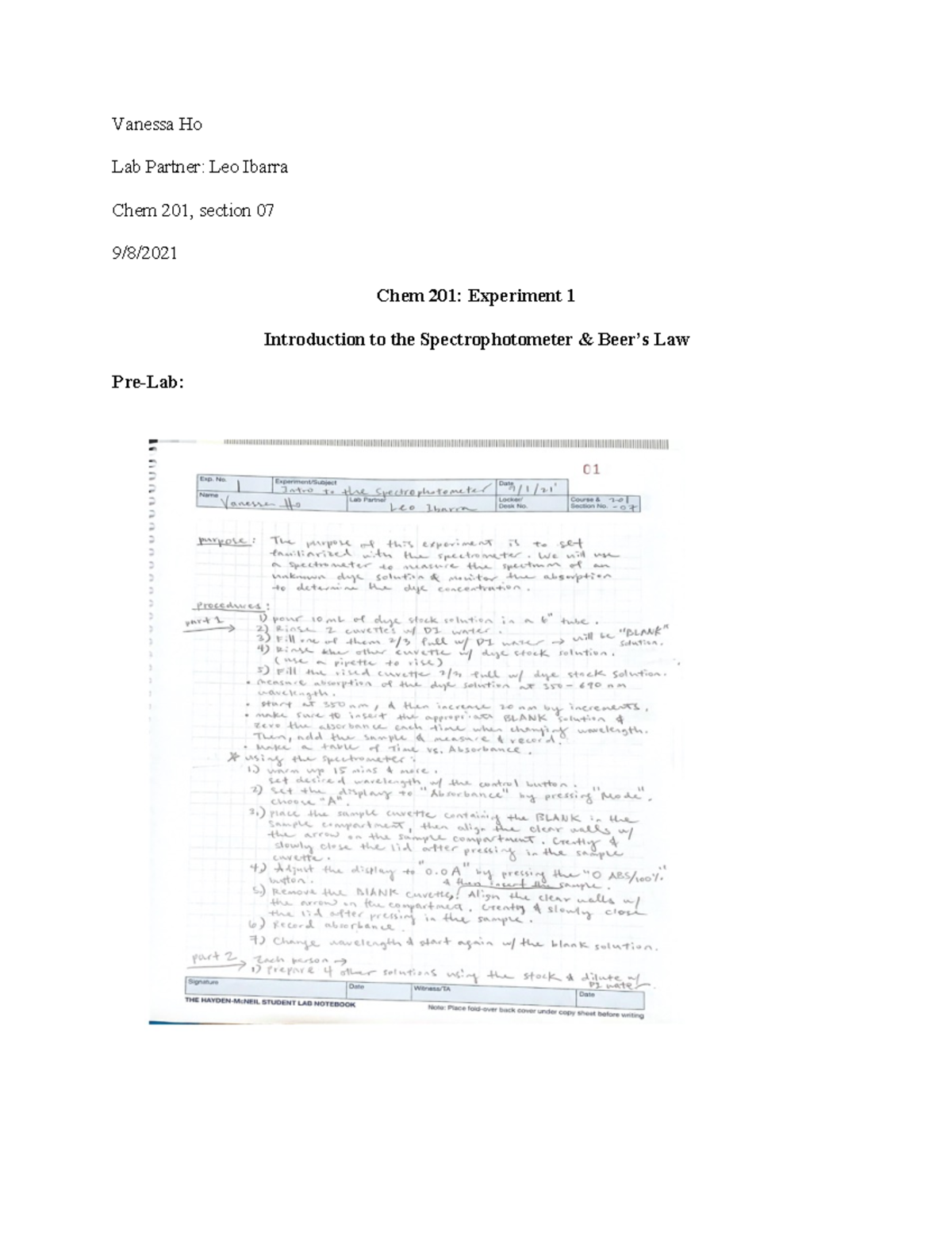 Lab report 1 intro to spectrophotometer - Vanessa Ho Lab Partner: Leo ...