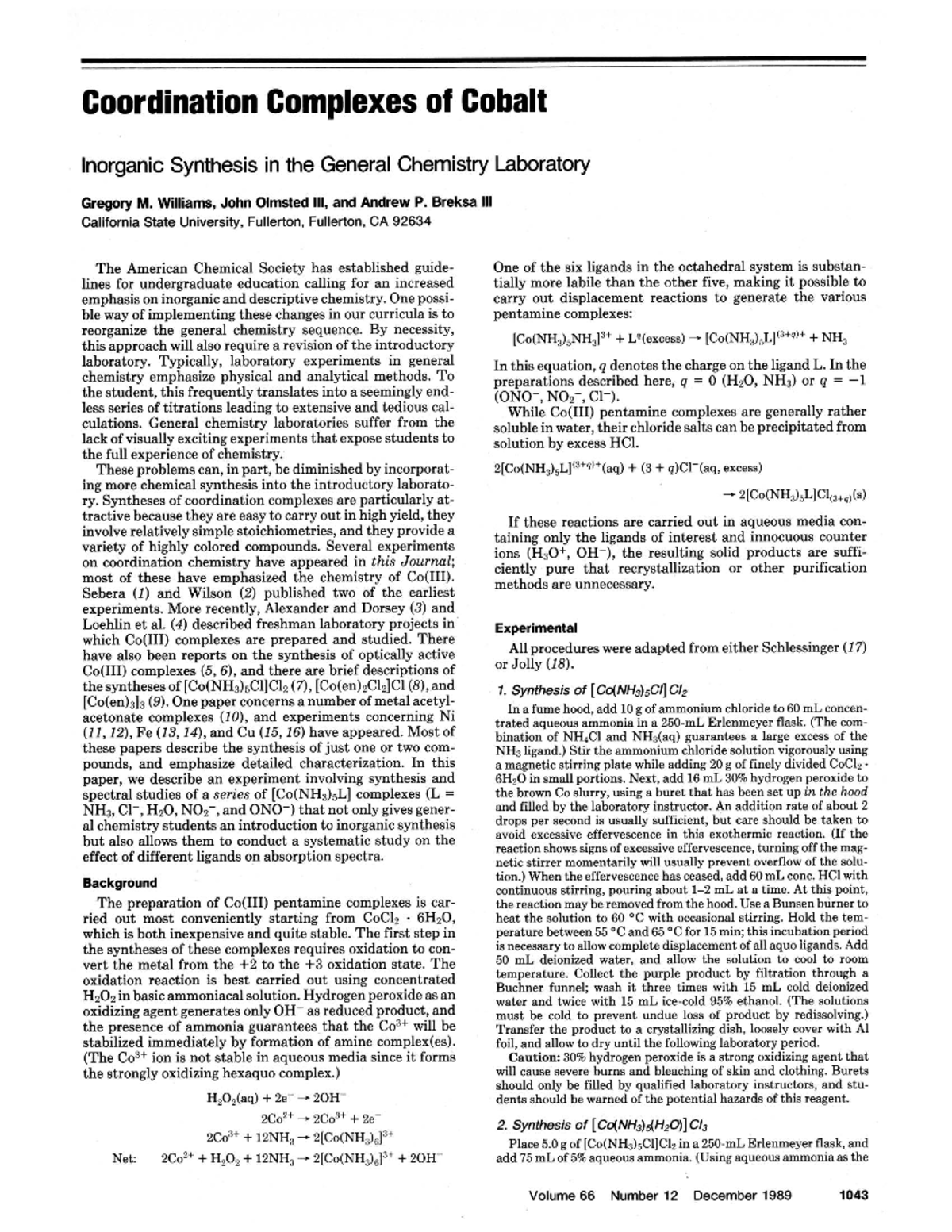 Ed066p1043 - Coordination Complexes of Cobalt Inorganic Synthesis in ...