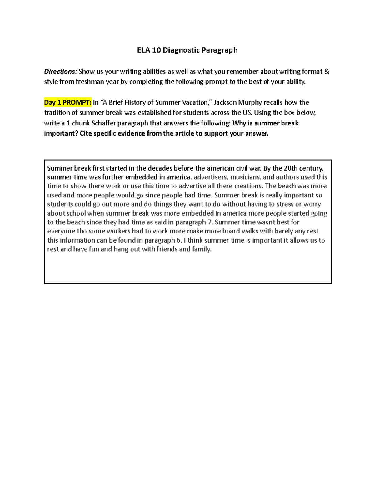 - ELA 10 Diagnostic Paragraph (Fall 2023) - ELA 10 Diagnostic Paragraph ...