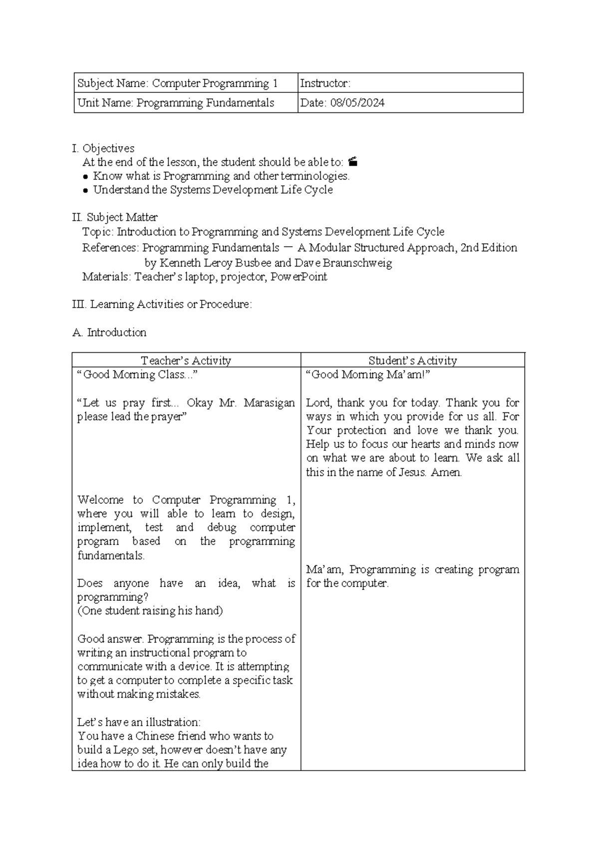 Upload Lesson Plan (College) - Computer Programming - I. Objectives At the end of the lesson ...