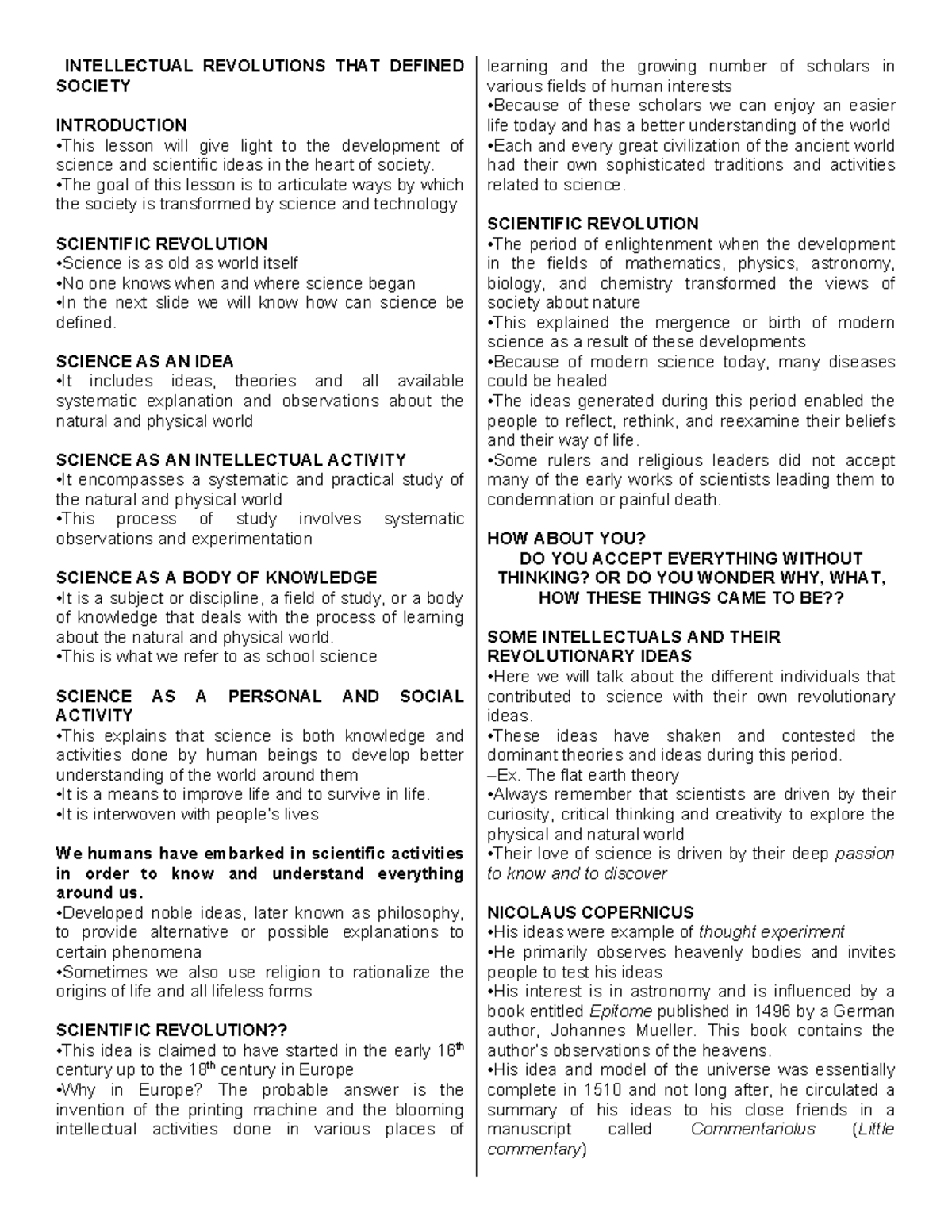 Gened 7 notes - INTELLECTUAL REVOLUTIONS THAT DEFINED SOCIETY ...