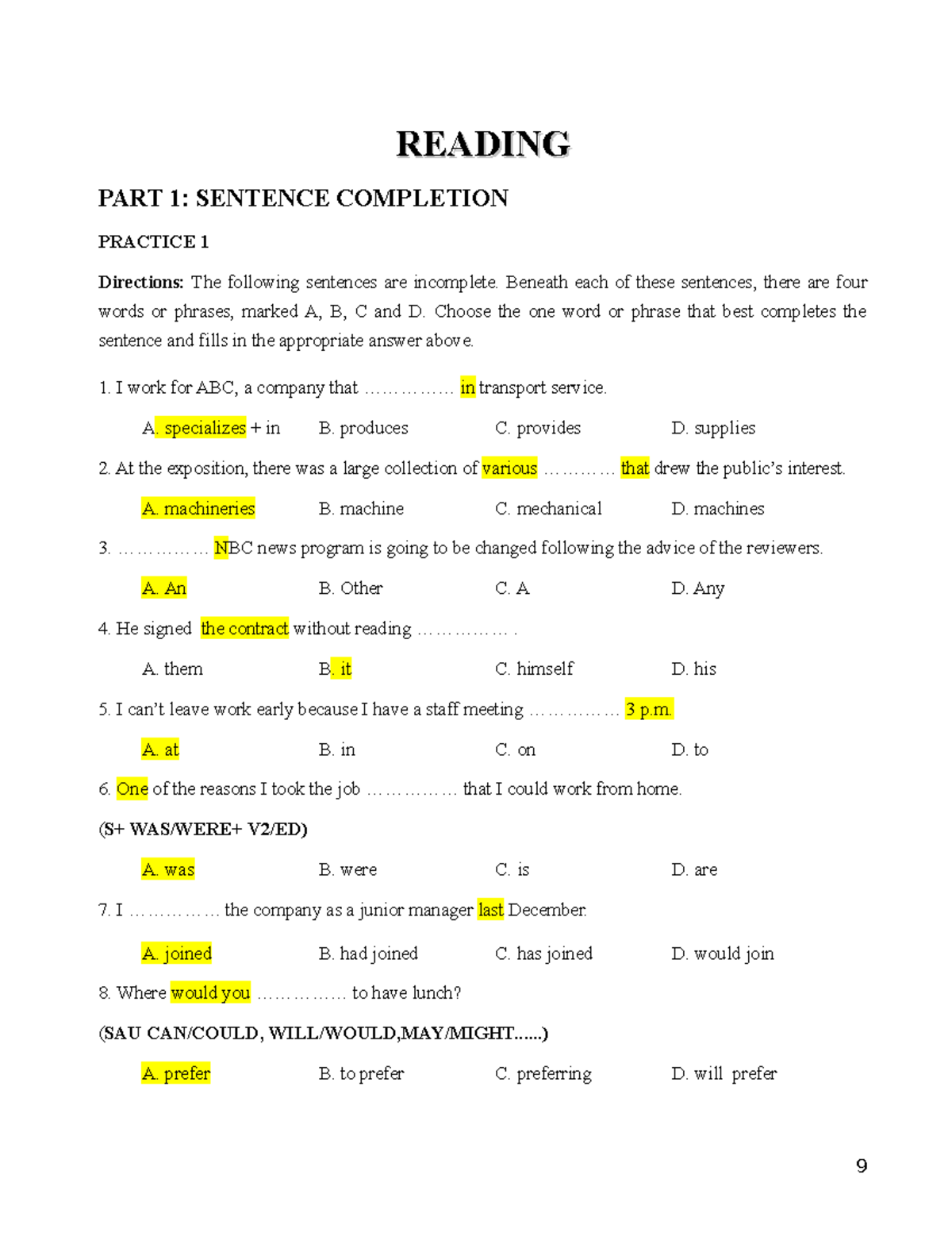 Sentence Completion - Anh Văn - READINGREADING PART 1: SENTENCE ...