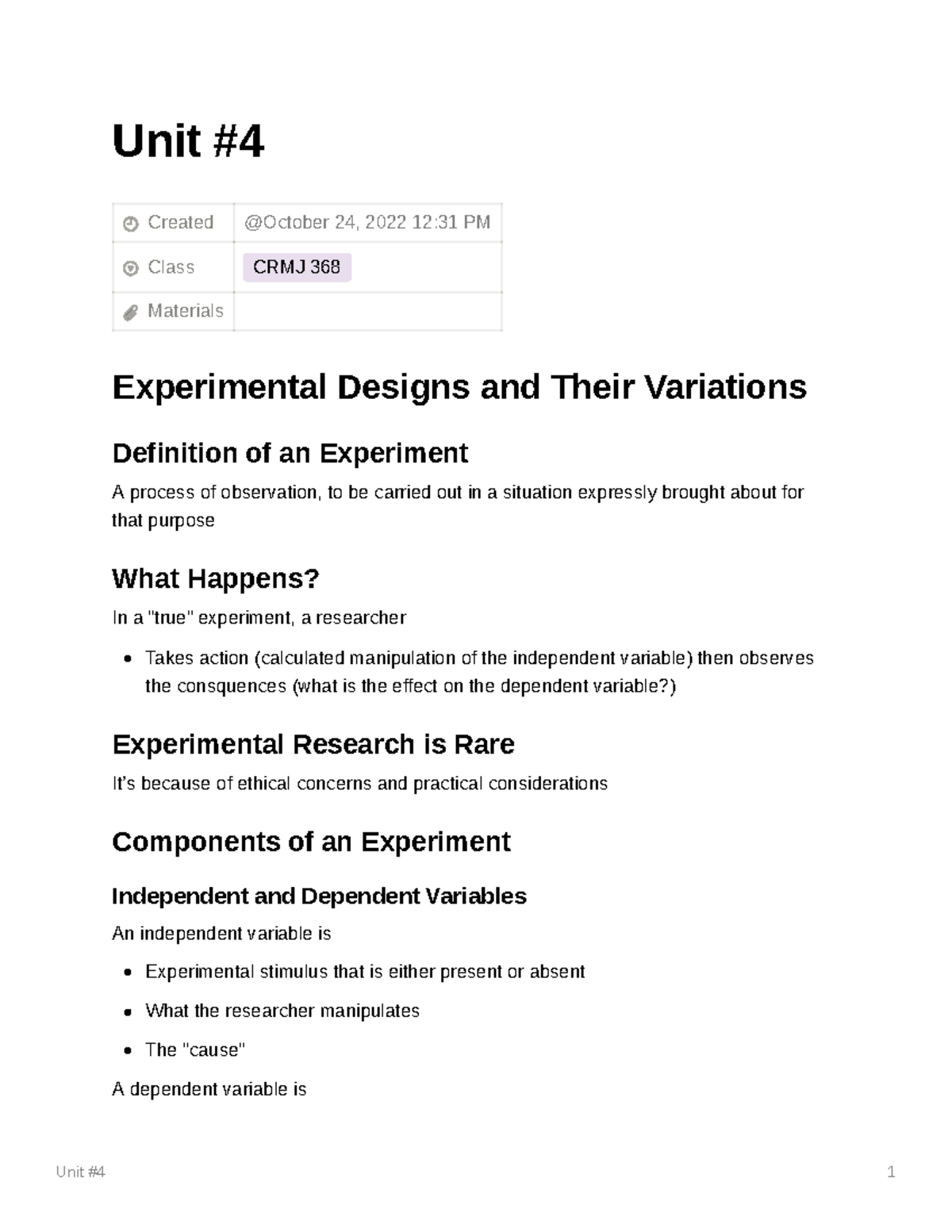 Experiment Designs and Their Variations - Unit Created Class CRMJ 368 ...