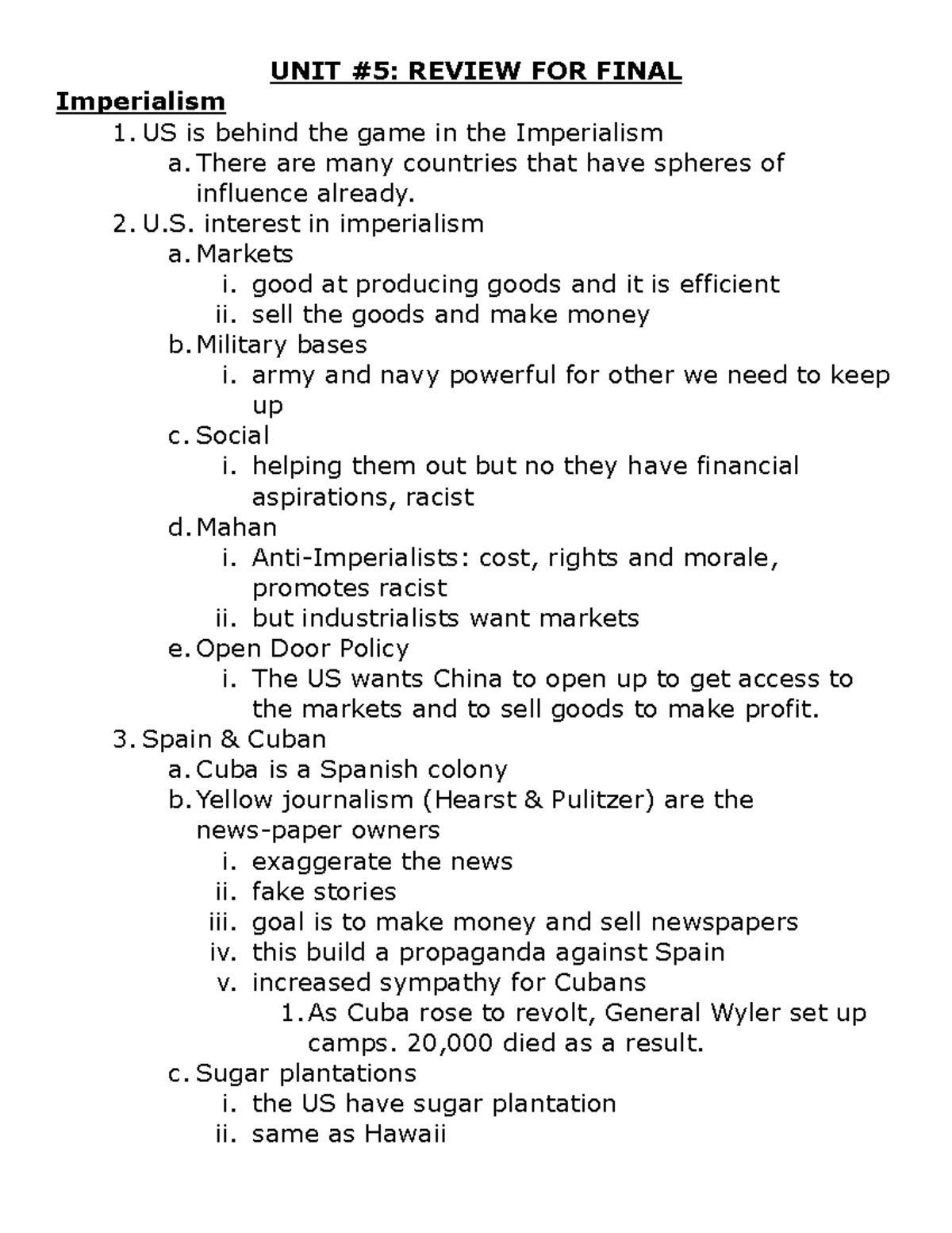 UNIT #5 Review for final - UNIT #5: REVIEW FOR FINAL Imperialism 1. US ...