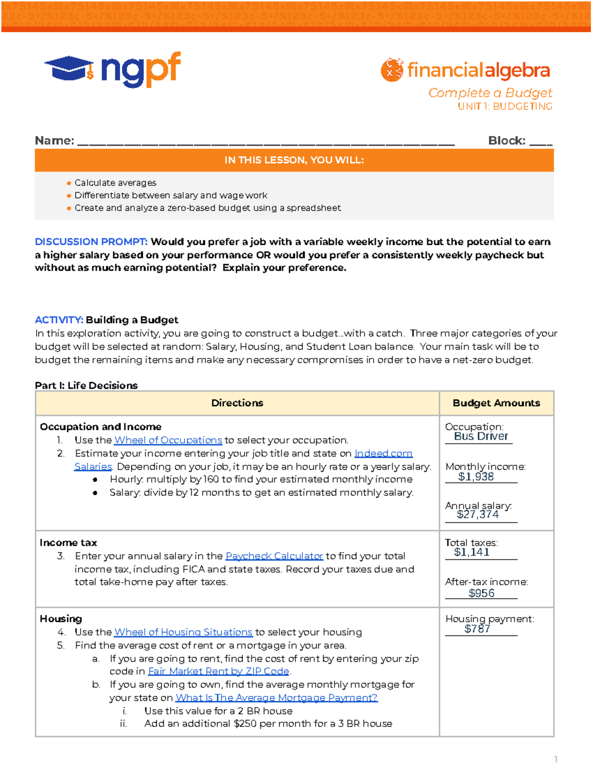 1.7 - Making a Budget - Complete a Budget UNIT 1: BUDGETING Name: - Studocu
