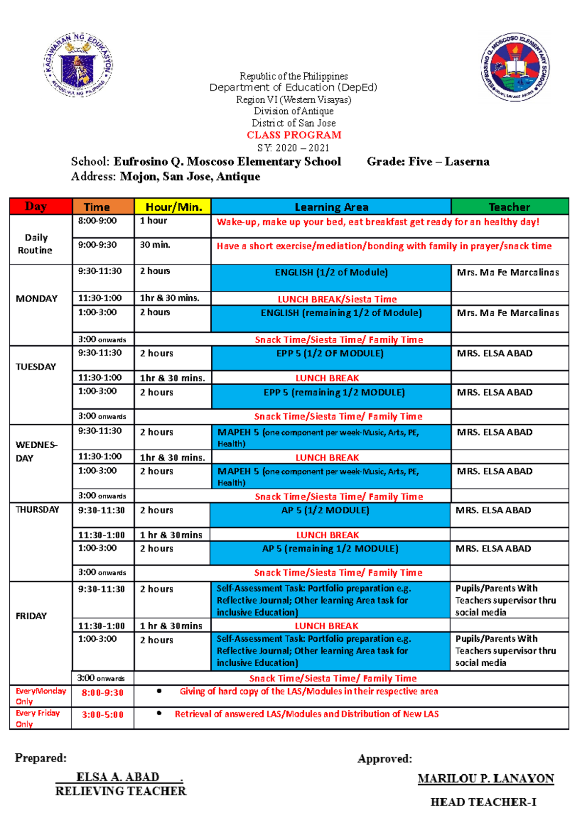 Class- Program - teachers file - Republic of the Philippines Department ...