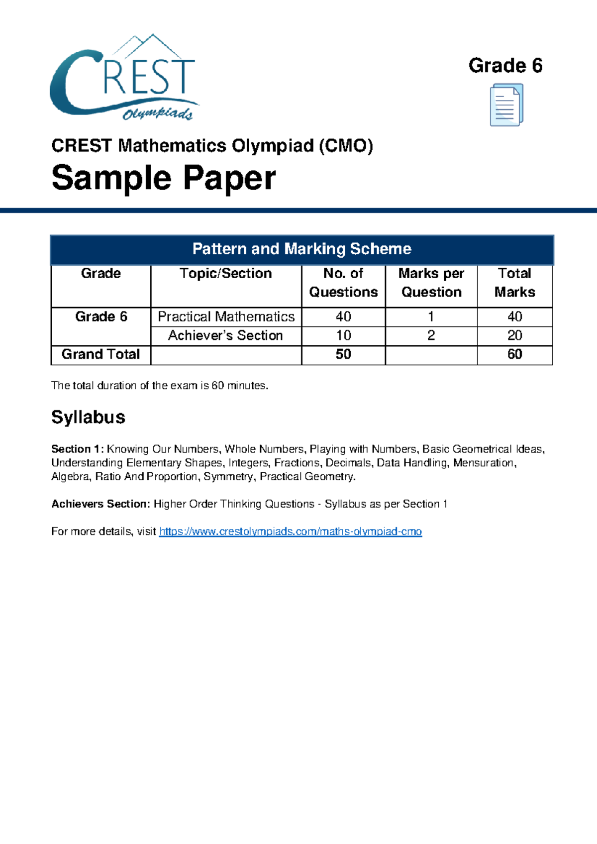 Achin Olympiad sample paper - CREST Mathematics Olympiad (CMO) Sample Paper Grade Topic/Section ...