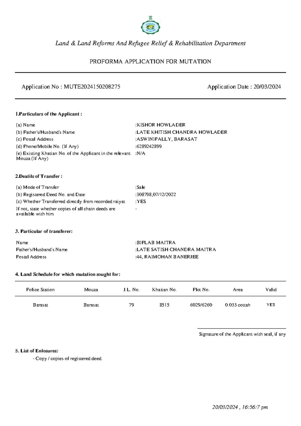 Mutation Application - Land & Land Reforms And Refugee Relief ...