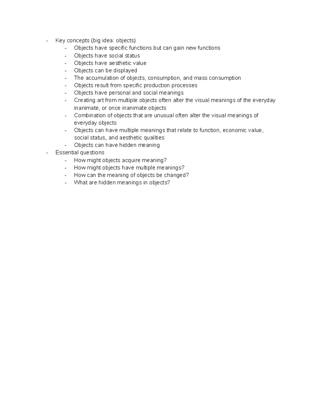 Artt 1 notes - big ideas - Key concepts (big idea: objects) Objects ...