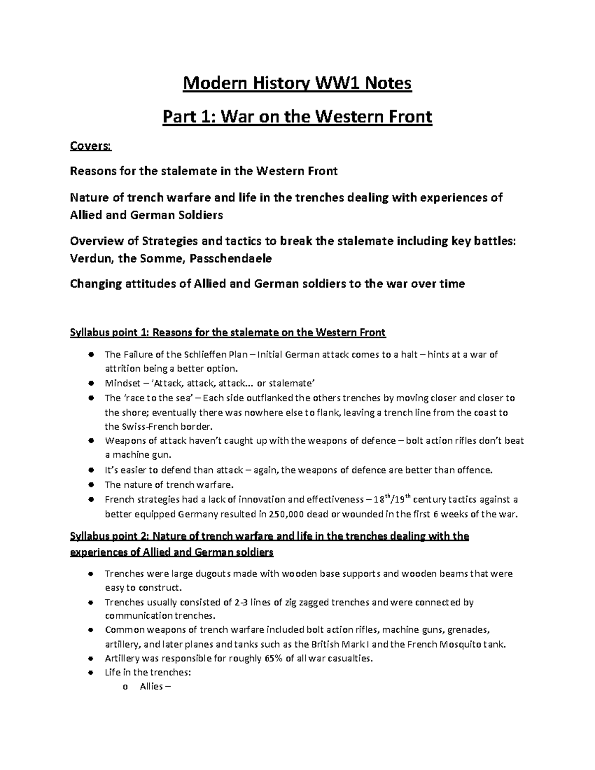 Notes On All Syllabus On World War 1 - Modern History WW1 Notes Part 1 ...