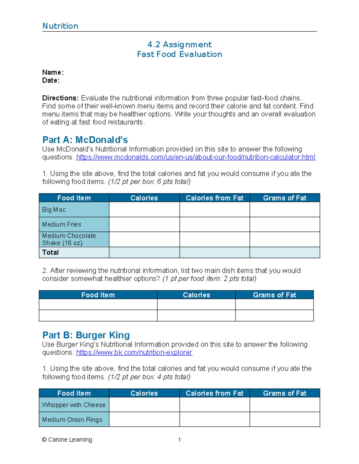 health and wellness - Nutrition 4 Assignment Fast Food Evaluation Name ...