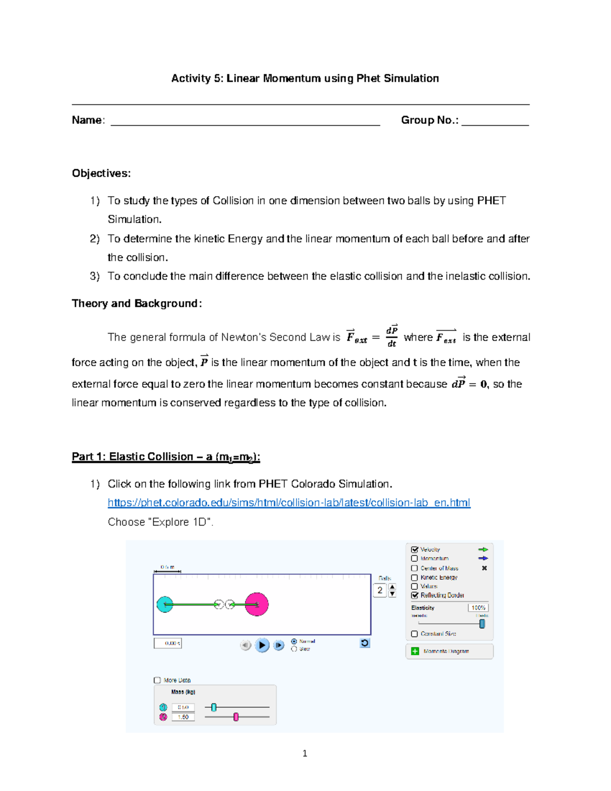 Activity 5 Conservation of Linear Momentum - Activity 5: Linear ...