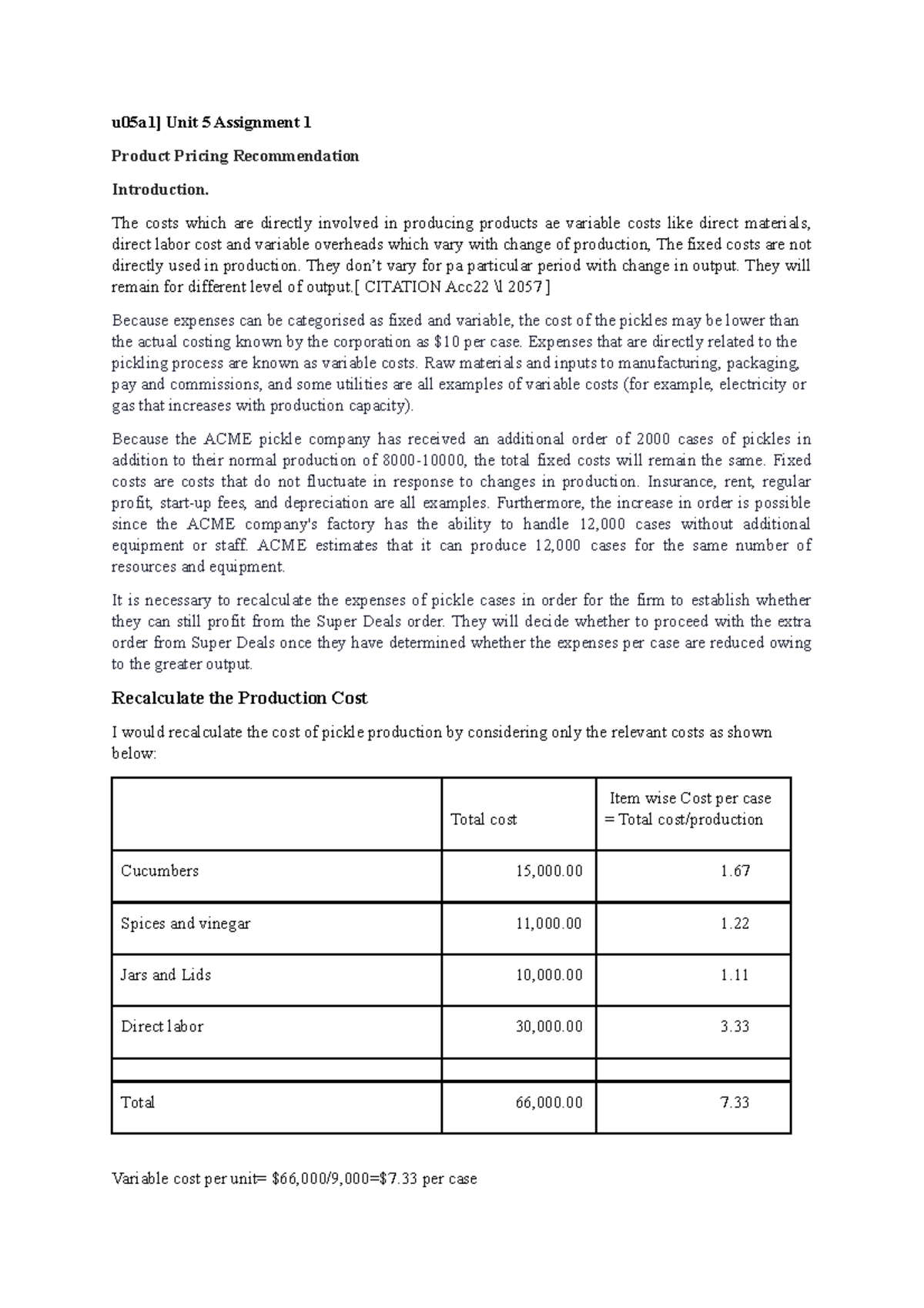 Assignement Unit 5 -rev-Accounting 110222 - u05a1] Unit 5 Assignment 1 Product Pricing - Studocu