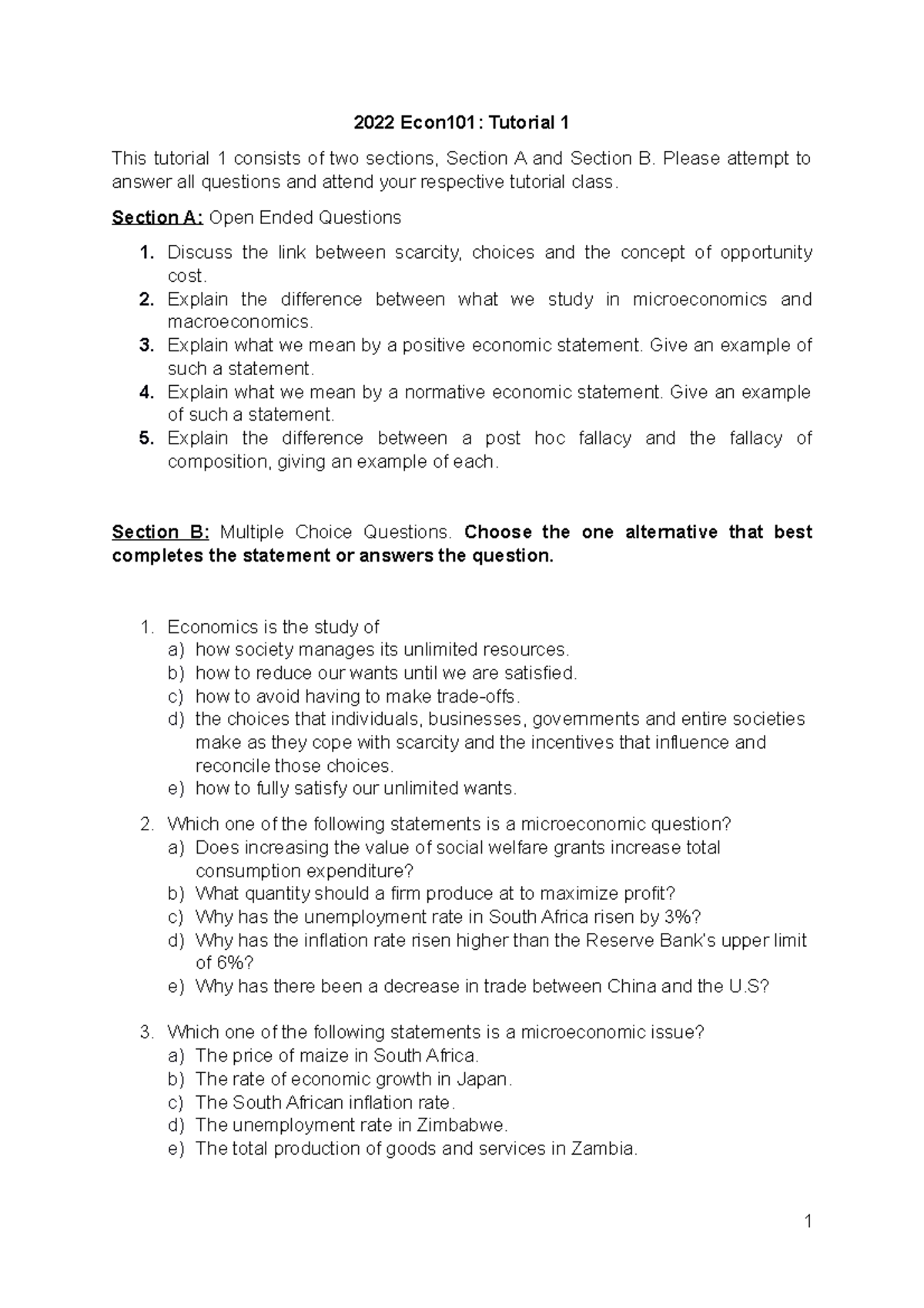 Tutorial 1 - yes - 2022 Econ101: Tutorial 1 This tutorial 1 consists of ...